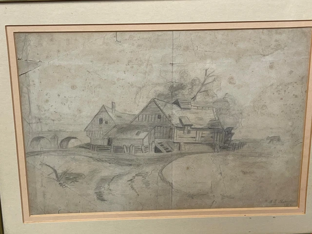 ORIGINAL 1816 PENCIL Drawing of a Farmhouse Framed & Glazed Signed by ...