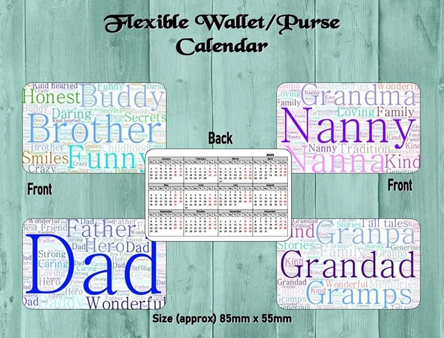 WORDART FAMILY WALLET/PURSE Flexible 2025 Calendar Credit Card Size £4. ...
