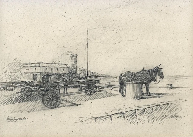 ROBERT STANDISH-SWEENEY PENCIL Drawing HORSES AT SENJI JUGOSLAVIA £50. ...