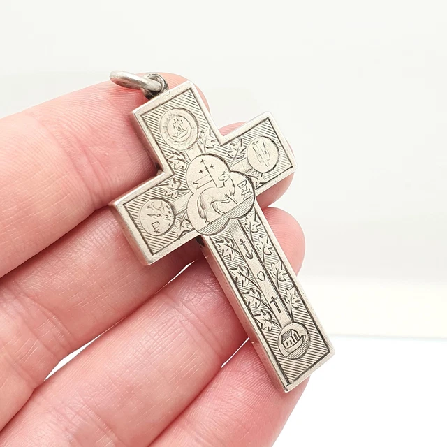 ANTIQUE VICTORIAN SOLID Silver Crucifix Necklace In Hoc Signo Vinces ...