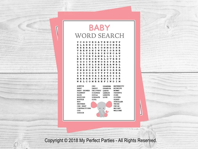 BABY SHOWER GAME, Baby Word Search Puzzle, Pink, Pink Elephant, Baby ...