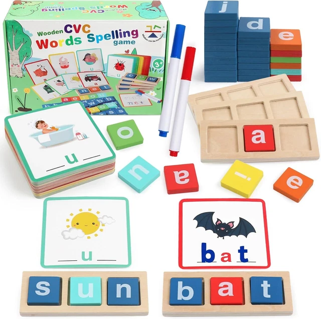 WOODEN READING LETTERS CVC Word Spelling Games Short Vowel Sight Words ...