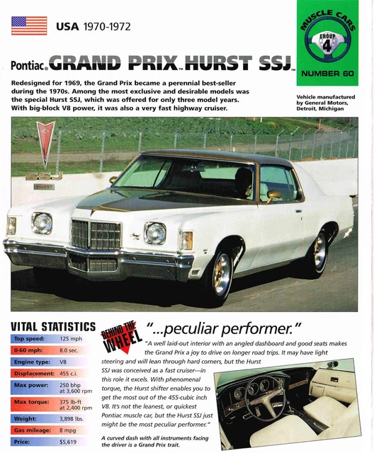 PONTIAC GRAND PRIX HURST SSJ SPEC SHEET / Brochure: 1972, EUR 16,54 ...