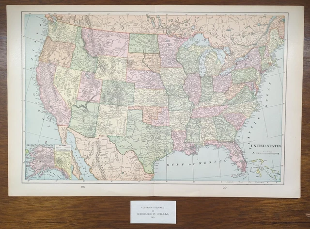 VINTAGE 1903 UNITED STATES of AMERICA Map 22"x14" ~ Old Antique ...