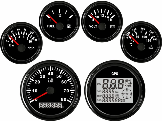 6 GAUGE SET speedometer kph knots tacho fuel volts water temp oil ...