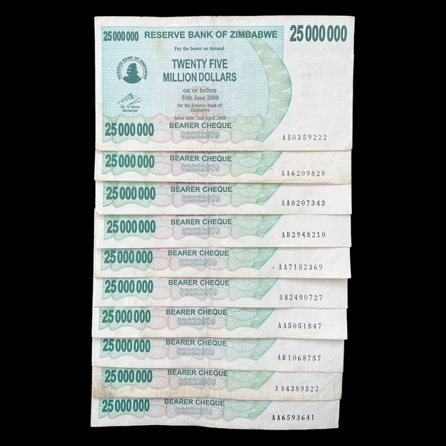 10 ZIMBABWE 25 Million Dollar Bearer Cheque Banknotes -Pre Agro Billion ...