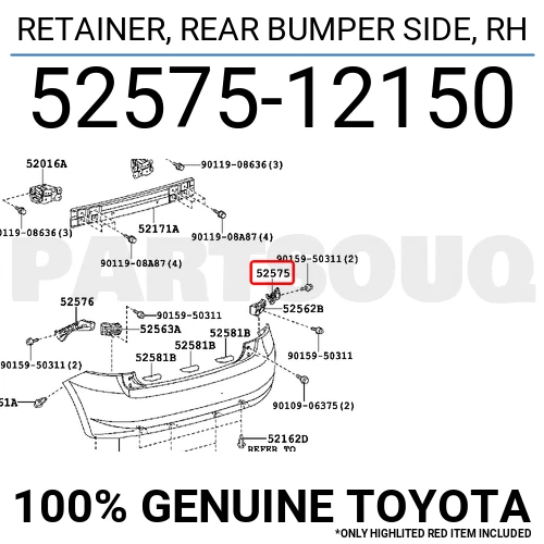 5257512150 GENUINE TOYOTA RETAINER, REAR BUMPER SIDE, RH 52575-12150 ...