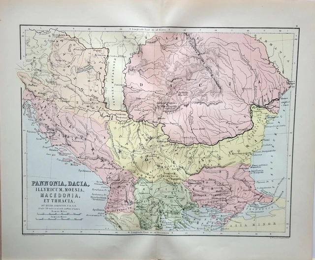 1885 ANCIENT & Classical Map Pannonia Dacia Illyricum Moesia Macedonia ...