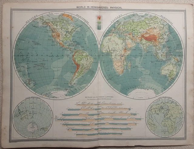 MAP POST WW1 1920s World In Hemispheres Physical defunct Waverley Atlas ...