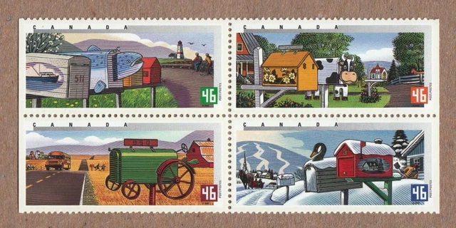 RURAL MAILBOXES COW TRACTOR GOOSE FISH = Canada 2000 # 1852a MNH BLOCK ...