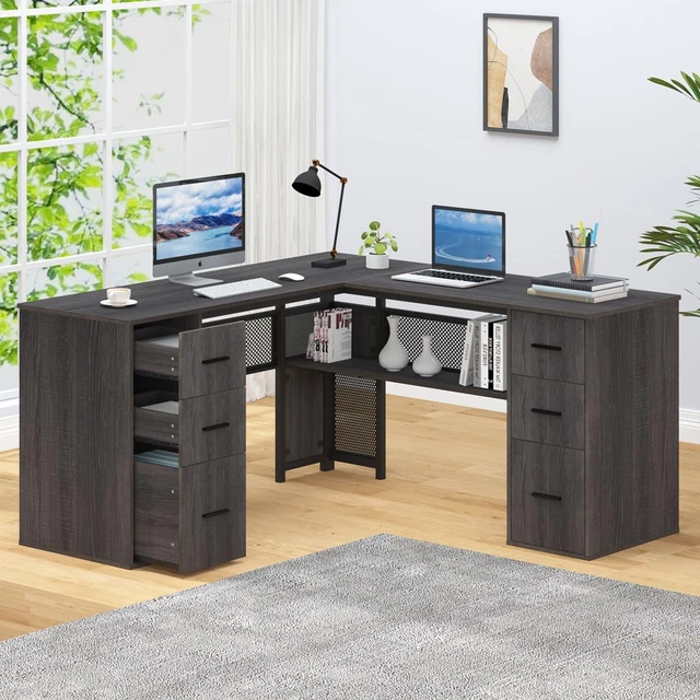 L SHAPED CORNER Home Office Desk with Drawers, Large Computer Desk with ...