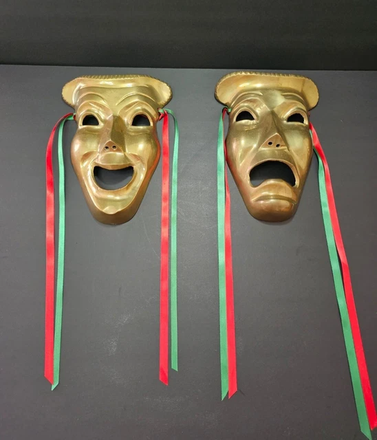 VINTAGE SOLID BRASS Theater Masks w/Ribbons Comedy~Tragedy Large 8 Inch ...