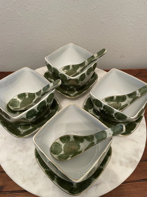 FUJITA KUTANI JAPAN Vintage 12 Piece Soup Bowl Saucer Spoon Set Green ...