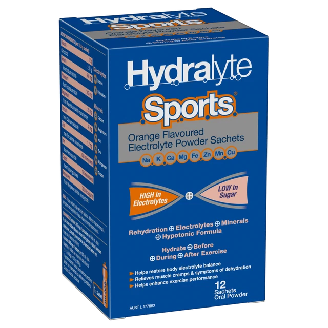 HYDRALYTE SPORTS ORANGE Flavoured Electrolyte Powder 12pk Rehydration ...