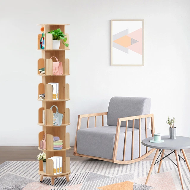 6 TIER ROTATING Bookshelf Book Display Shelf Tower Solid Wood Bookcase ...