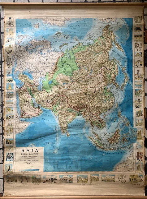 VINTAGE GRANDE 100X138 cm MAPPA CARTINA GEOGRAFICA ASIA 1960s bruno ...