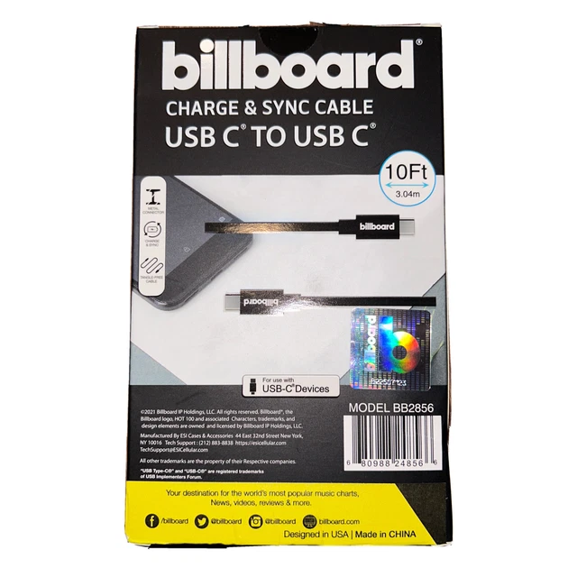 10’ BILLBOARD USB-C to USB-C Charge and Sync Cable - Black - New $7.95 ...