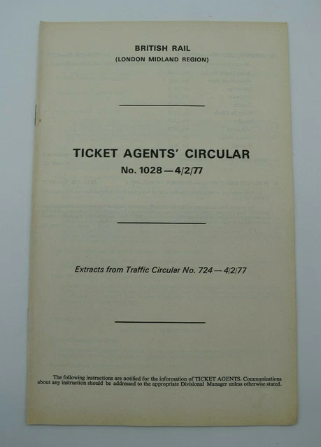BRITISH RAIL (LM Region) Ticket Agents' Circular No.1028 4/2/77 £3.50 ...