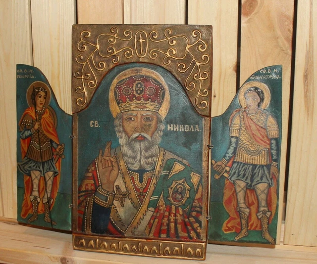 VINTAGE RELIGIOUS HAND painted triptych icon Saint Nicholas $545.88 - PicClick CA