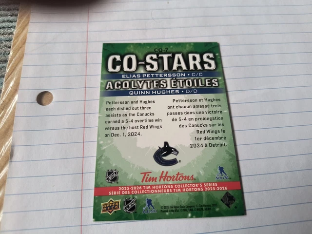 2025-26 TIM HORTONS upper Deck co stars acolytes elias Pettersson/quinn ...