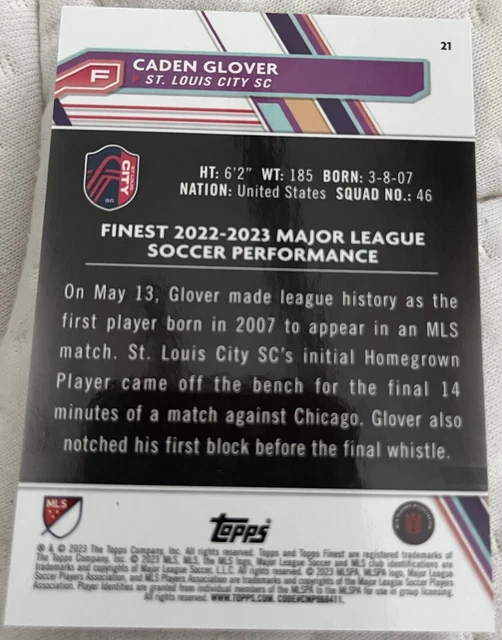 CADEN GLOVER TOPPS MLS Finest 2023/24 St Louis City FC RC voiture et ...