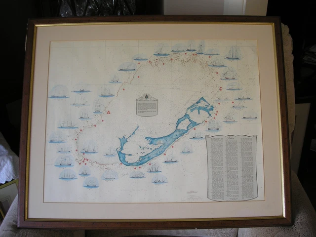 LARGE VINTAGE MAP of Bermuda with 38 ship wrecks by Teddy Tucker framed ...