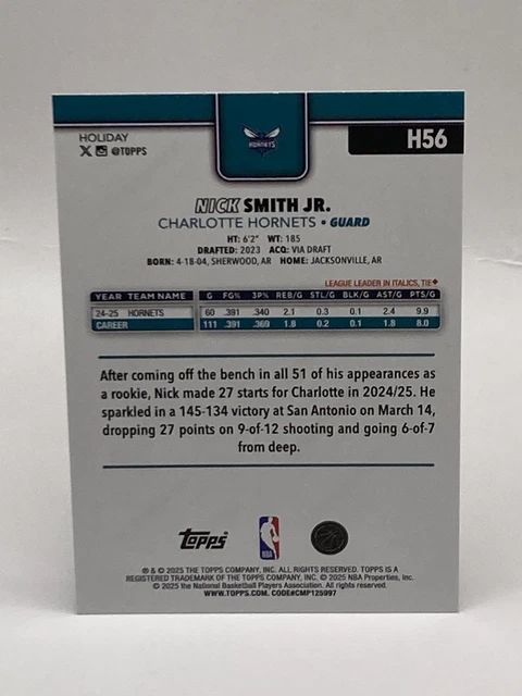 2025-26 TOPPS BASKETBALL Holiday Nick Smith Jr Holiday Silver Glitter # ...