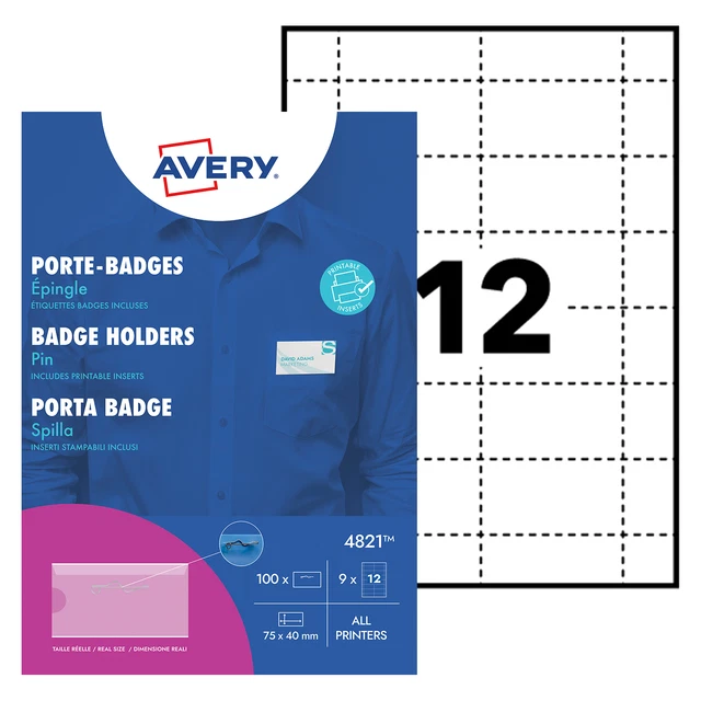 AVERY PIN BADGE Holders with Printable Inserts, 75x40mm, 100 Labels ...