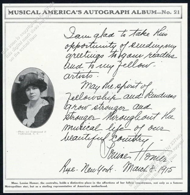 1915 LOUISE HOMER photo facsimile autograph vintage print article $15. ...