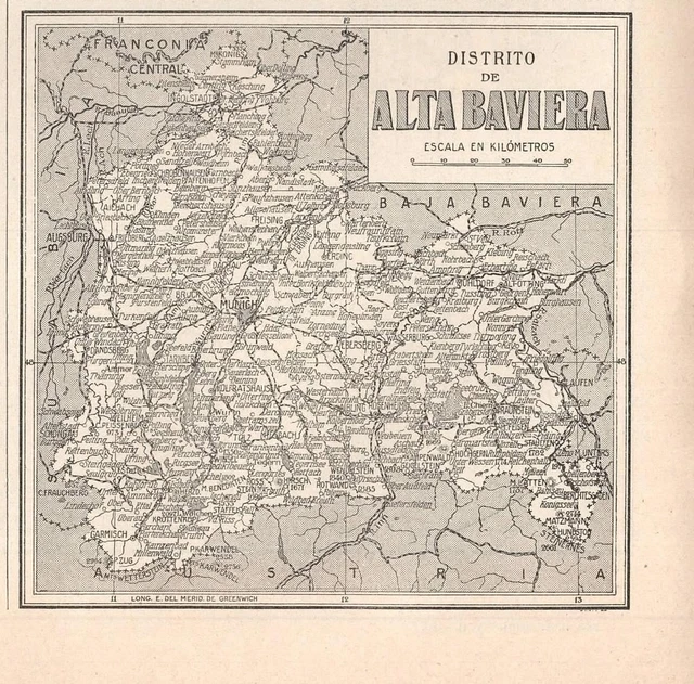 CARTA GEOGRAFICA ANTICA ALTA BAVIERA piccola mappa 1910 Antique map EUR ...