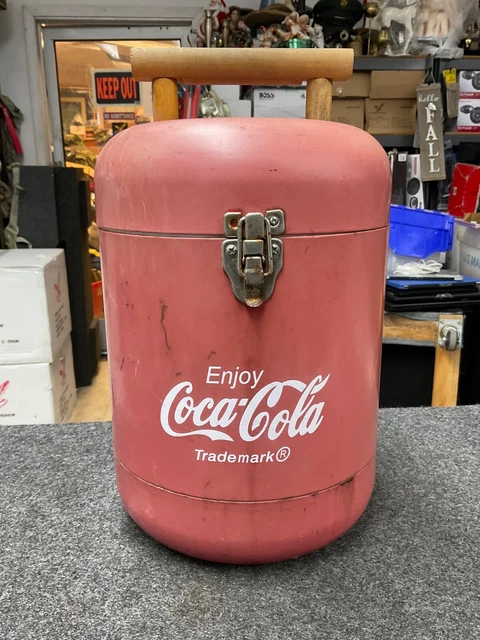 ENJOY COCA COLA Metal Cooler Red Round Canister Styrofoam Picnic Camp ...