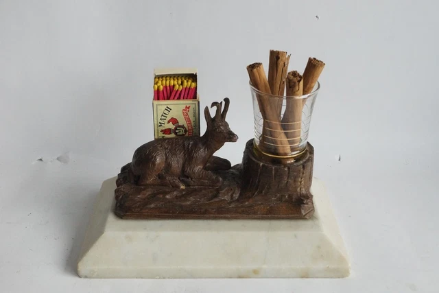 NÉCESSAIRE DE FUMEUR bois sculpté Chamois Art populaire Suisse Forêt ...