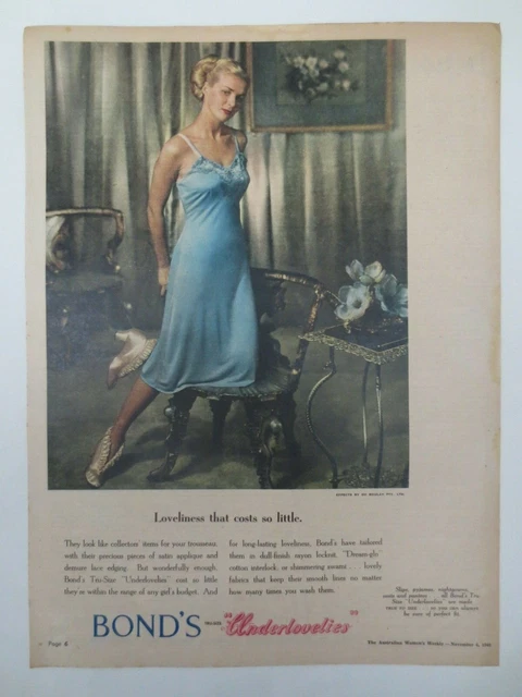 VINTAGE AUSTRALIAN ADVERTISING 1948 ad BOND'S UNDERLOVELIES UNDERWEAR ...