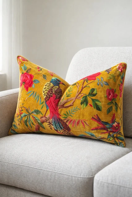MUSTARD BIRD LUMBAR Cotton Velvet Cushion Cover | Glam Thread £17.88 ...
