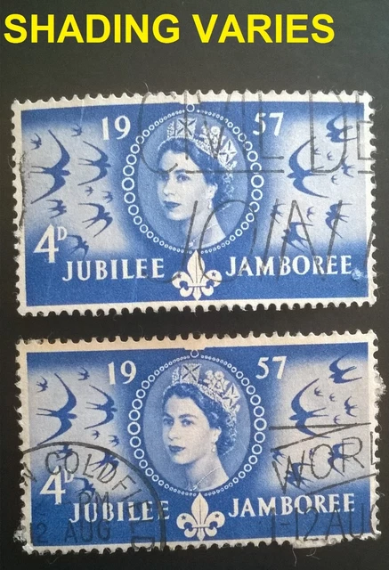 2 ERROR/VARIETY BLUE SHADING VARIES 4d SG558 1957 JUBILEE JAMBOREE ...