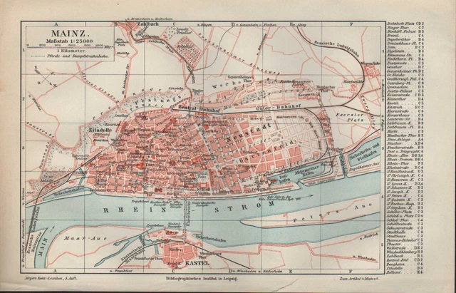 LANDKARTE CITY MAP 1897: Stadtplan: MAINZ. Maßstab: 1 : 25 000 am Rhein ...