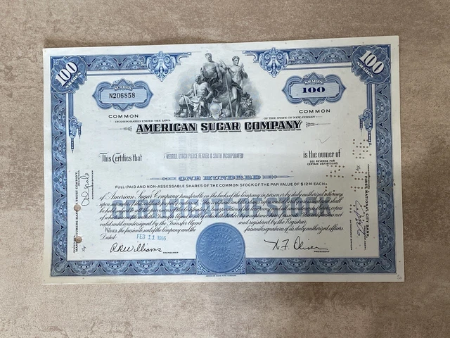 ACTION CAPITAL STOCK Américain Sugar Company 100 Actions 1966 V1 EUR 19 ...