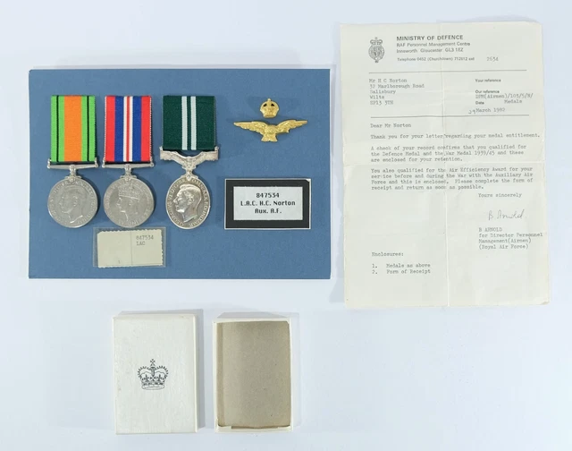 WWII MEDALS RAF Defence British BWM KGVI Air Efficiency Award LAC H C ...