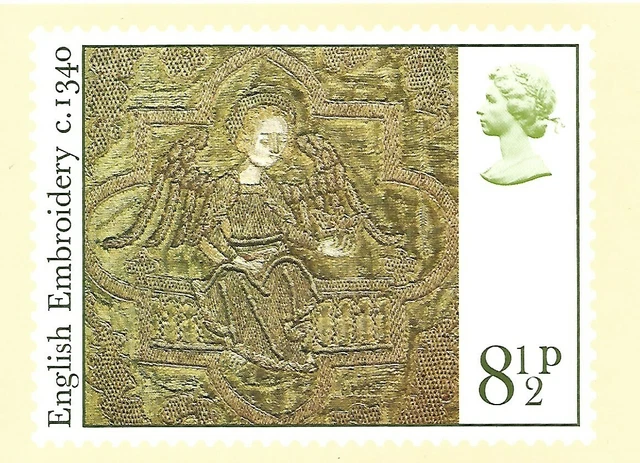 POST OFFICE STAMP POSTCARD ENGLISH EMBROIDERY C.1340 angel holding a ...