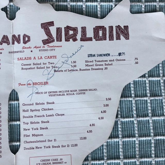 VINTAGE SADDLE AND Sirloin Restaurant Menu Palm Springs MENU Signed By ...
