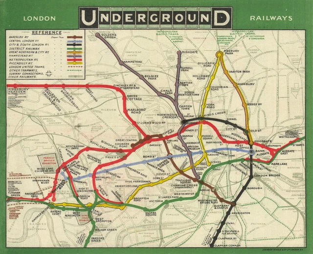 LONDON UNDERGROUND RAILWAYS. Tube network map 1908 old antique plan ...