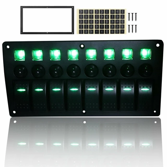 8 GANG GREEN LED Rocker Switch Panel Car Marine Boat Circuit Breaker ...