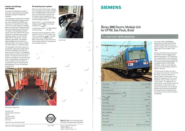 SIEMENS DATA SHEET of '01, Series 3000 Electr Mult Unit CPTM Sao Paulo ...