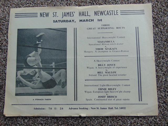 BRITISH WRESTLING LEAFLET (Double sided, Newcastle 1950s, Billy Joyce ...