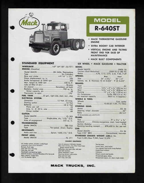 MACK TRUCKS R-640ST Specifications Brochure 06/65 $27.50 - PicClick AU