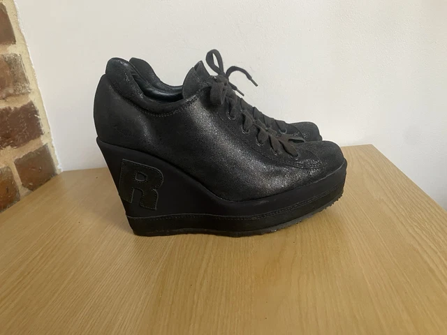 A6 RUCO LINE Black Distressed Shimmer Leather Textile Wedge Platform ...