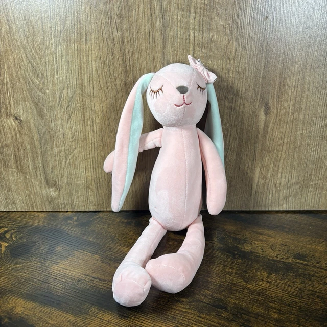 PINK SLEEPING BUNNY Rabbit Plush Soft Toy Green Ears Bow Closed Eyes 🐰 ...
