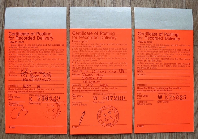 1987 POSTAL HISTORY 3 x Certificate of Posting for Recorded Delivery £2 ...