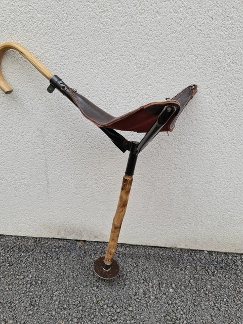 ANCIENNE CANNE SIÈGE de chasse en bois et fer, assise en cuir EUR 45,00 - PicClick FR
