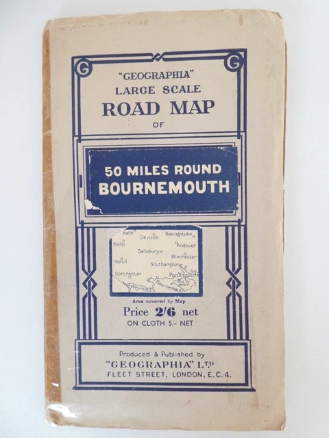 CIRCA 1930'S GEOGRAPHIA Large Scale Paper Road Map Of 50 Miles Round ...